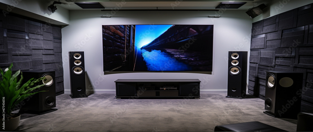 photograph of a home theatre system in a modern, finished, concrete ...