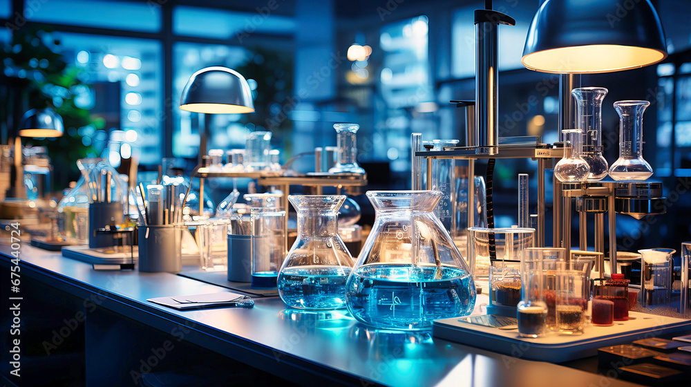 High-quality imagery of a laboratory setup with various chemical ...