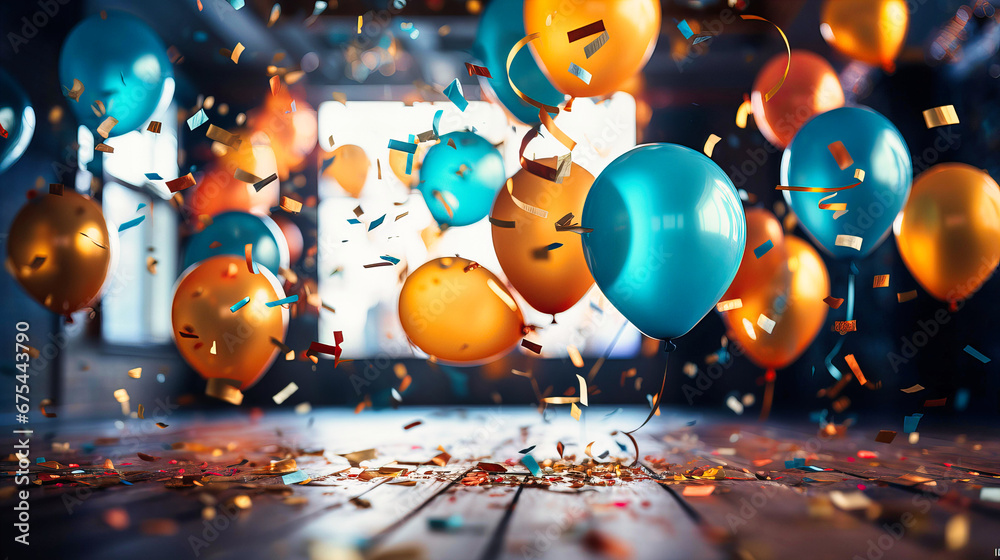 Dynamic shot of vibrant balloons and confetti falling in a party ...