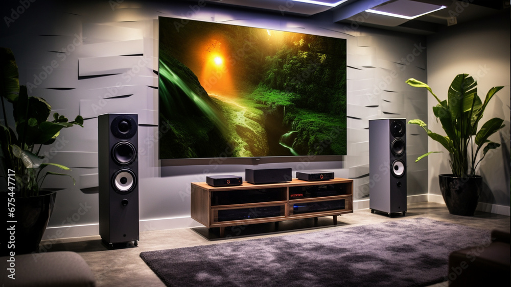photograph of a home theatre system in a modern, finished, concrete ...