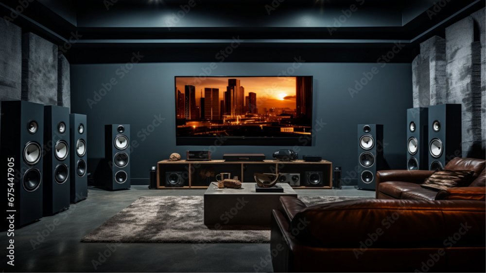 photograph of a home theatre system in a modern, finished, concrete ...