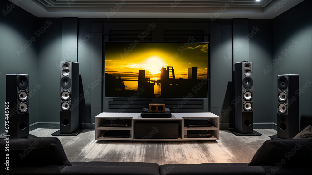photograph of a home theatre system in a modern, finished, concrete ...
