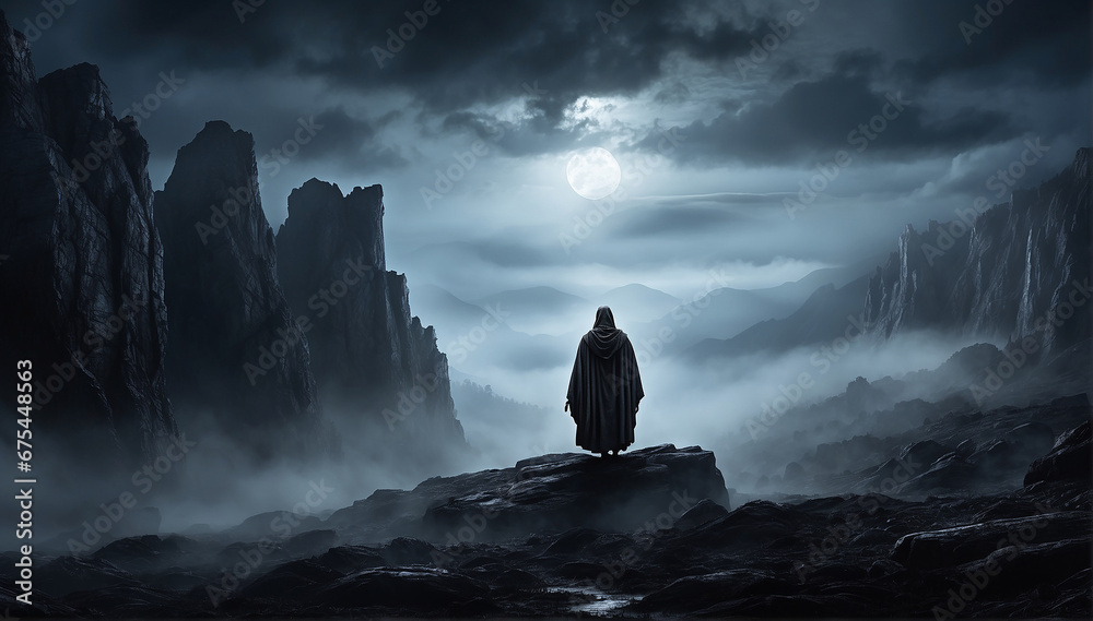 An ominous and fearsome landscape shrouded in mist and darkness. The ...