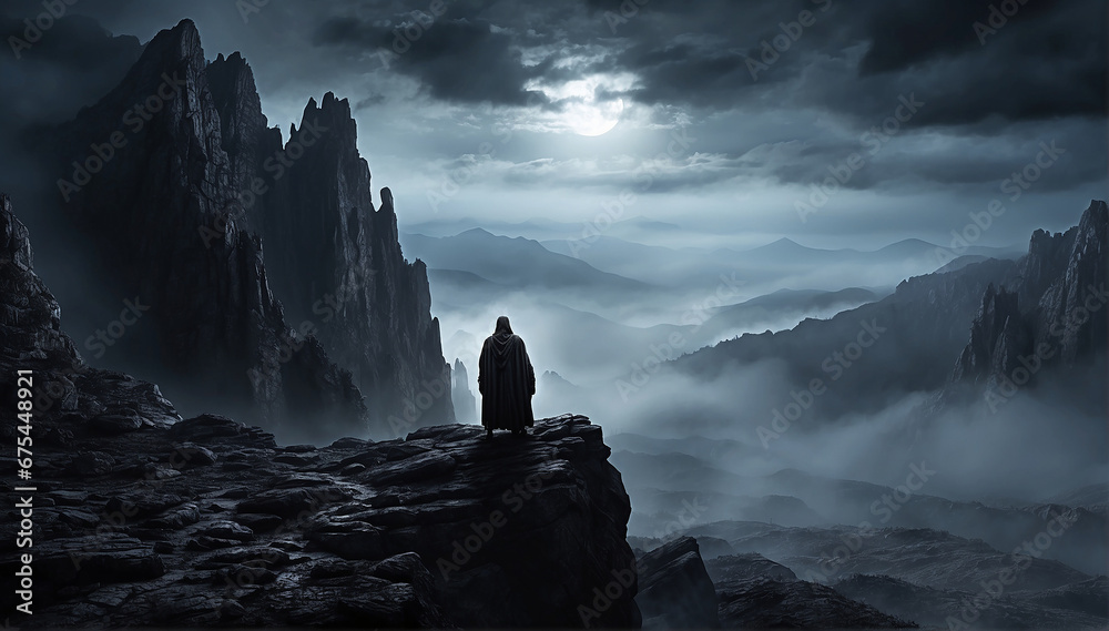 An ominous and fearsome landscape shrouded in mist and darkness. The ...