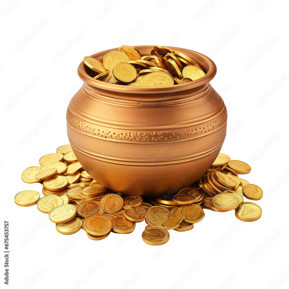 clay pot filled with gold coins isolated on transparent background ...