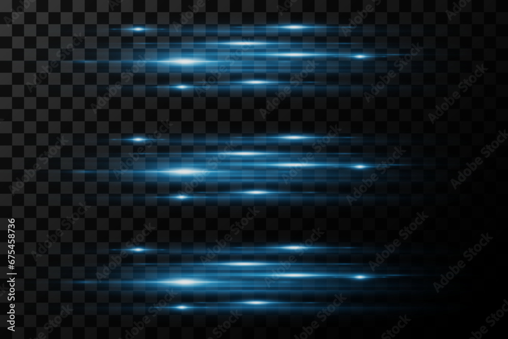 Pack of bright horizontal highlights, rays, lines on a transparent ...