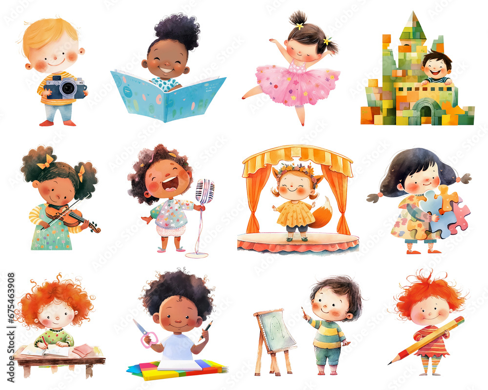 Collection of cute funny cartoon kids engaged in different creative ...