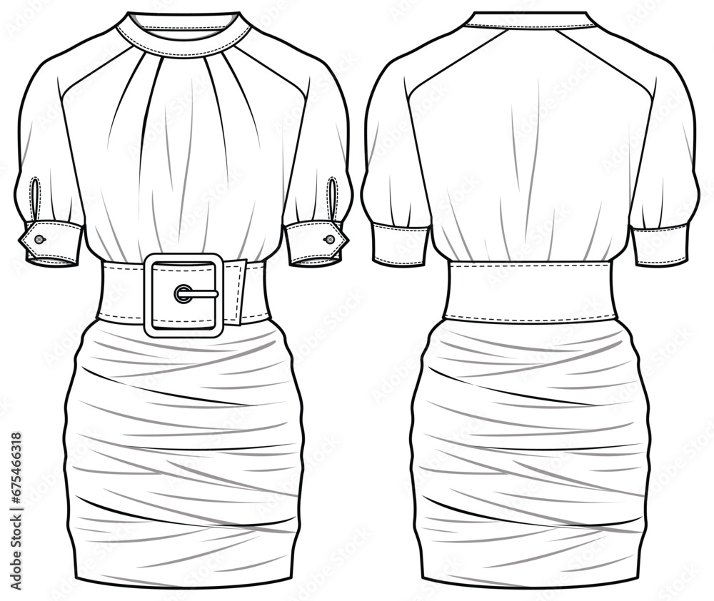 Women belted ruched mini dress design flat sketch fashion illustration ...