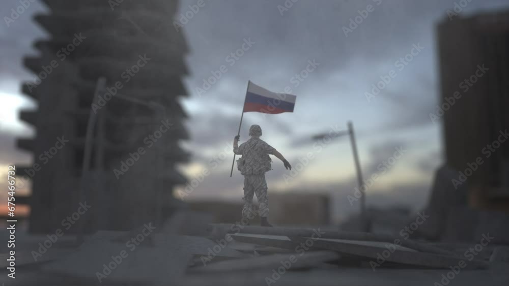 Russian soldier holding the flag of Russia against the sunrise over the ...