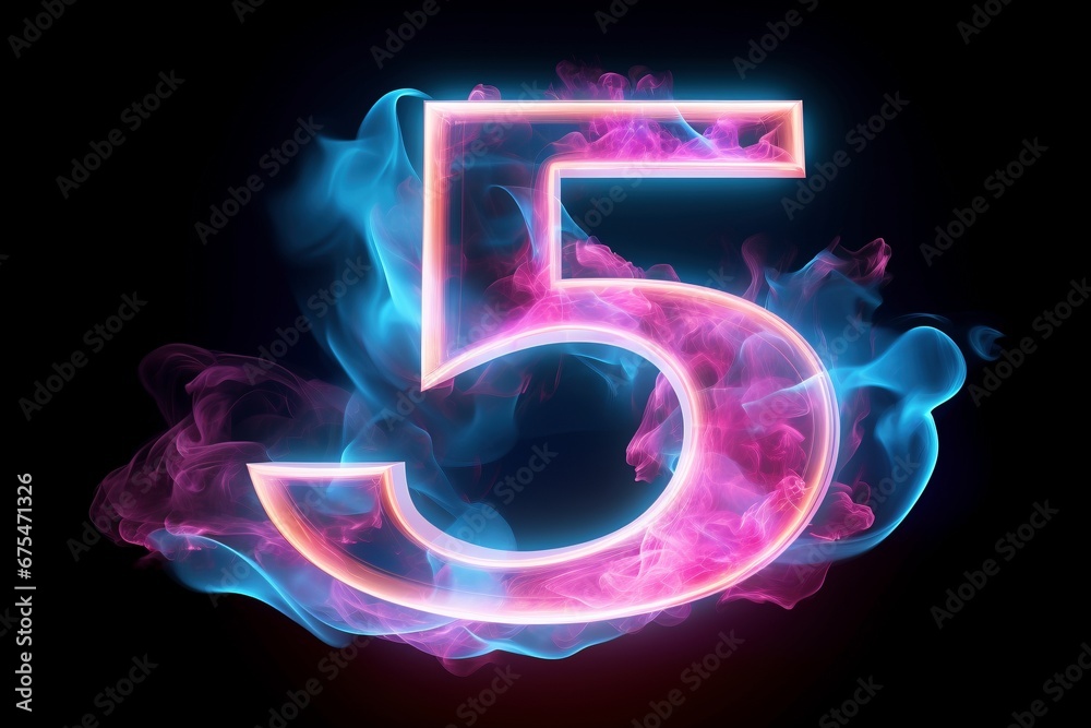 Abstract Dreamland: 3D Render of Neon Number Five with Linear Neon ...