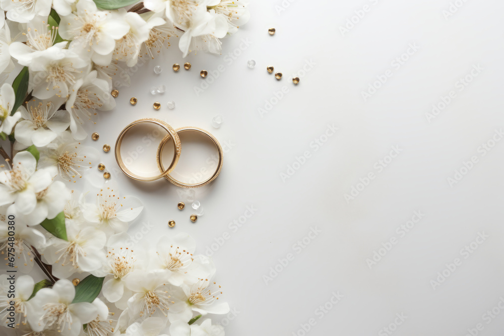 Wedding card in white colors with flowers and wedding rings. Generative ...