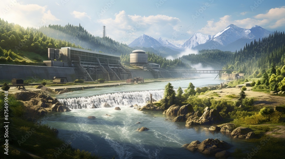 a serene environment where hydropower turbines harness the flow of ...