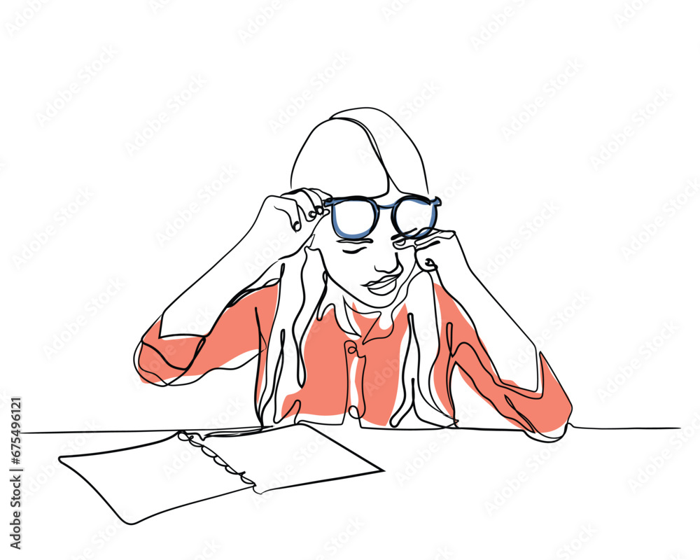 Line art vector Eyestrain Problem. Tired Schoolgirl Rubbing Sore Eye ...
