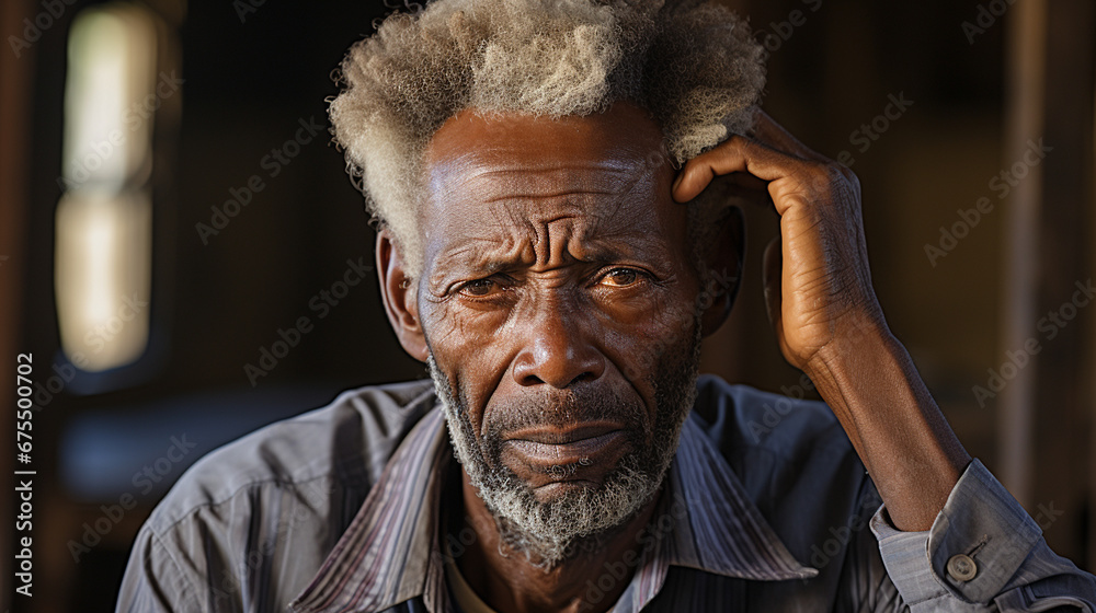 Portrait of elderly African American man with sad and worried look ...