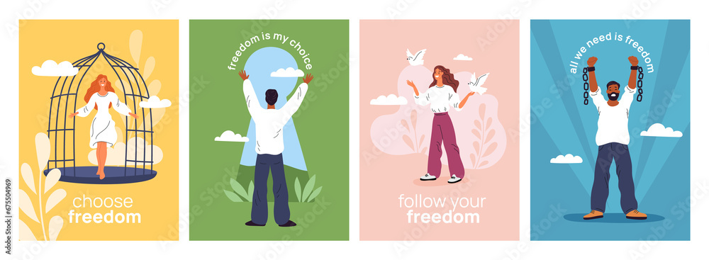 Freedom inscriptions cards. People released from cell. Man finding ...