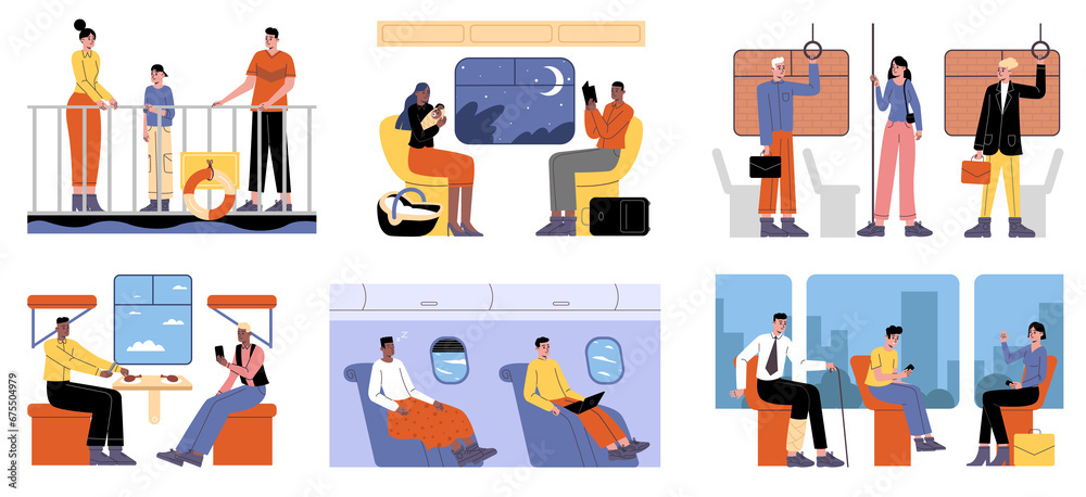 Cartoon passengers. People going in public transport. Urban ...