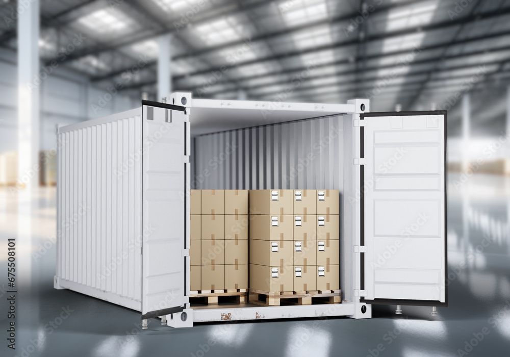 Sea container with boxes. Cardboard parcels on pallets. Transport ...