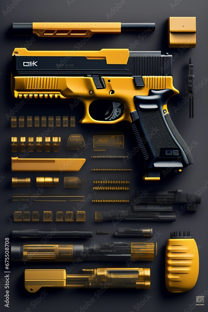 AI generated illustration of a deconstructed yellow blak pistol with ...