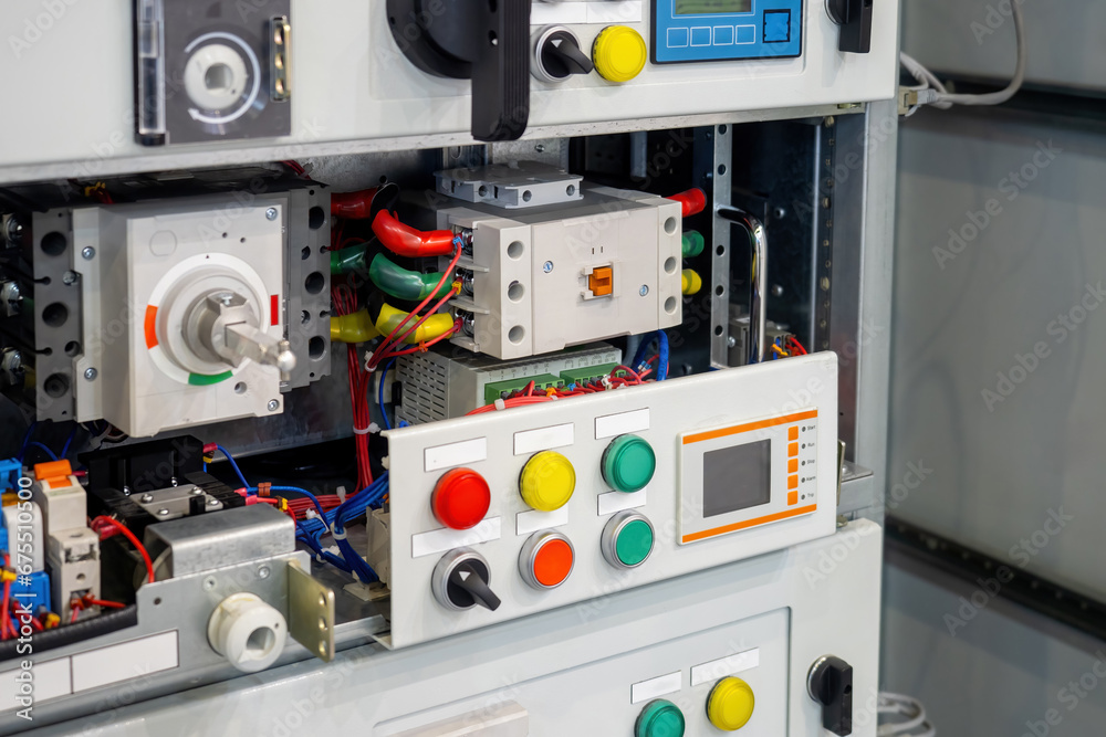 Foto de Industrial equipment. Panel with buttons to turn on machine ...