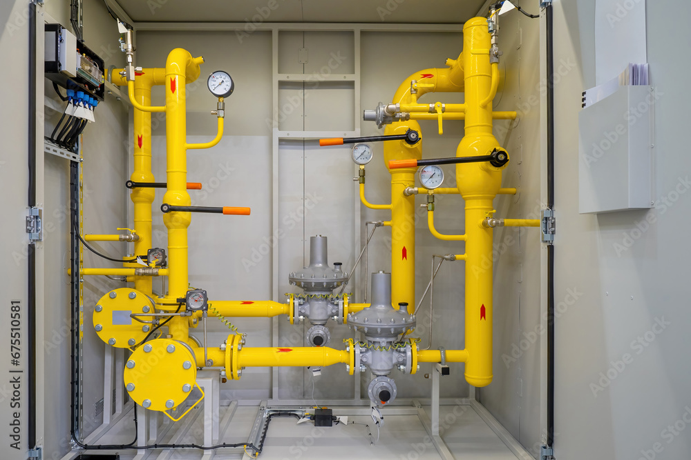 Gas equipment in container. Pipes for gas supply in production. Gas ...
