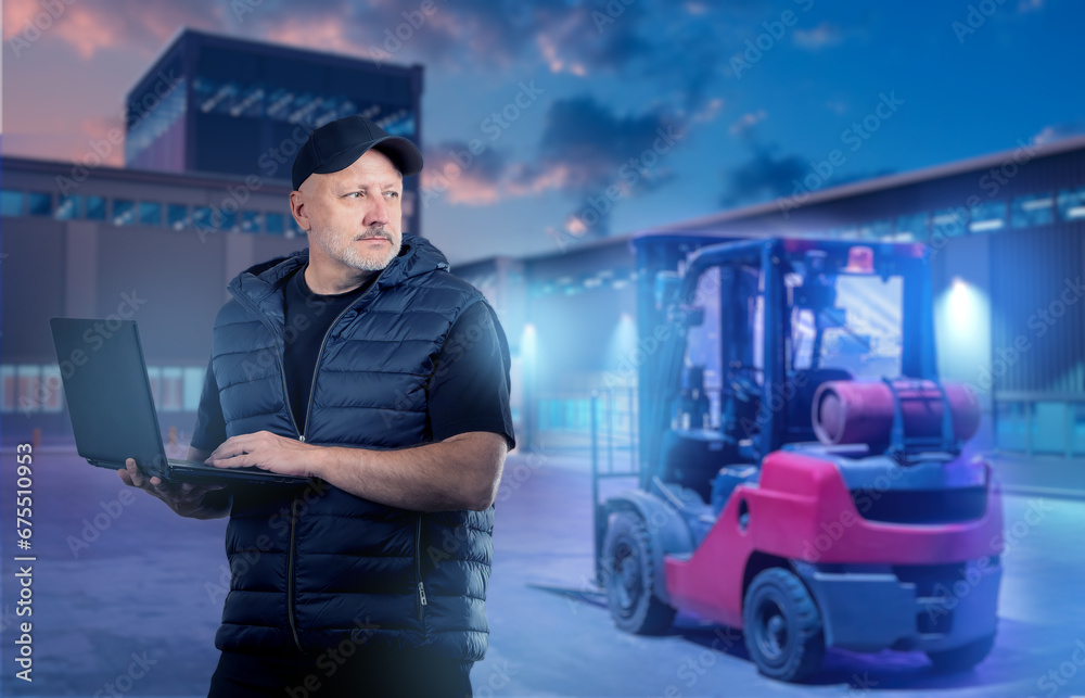 Man near warehouse building. Guy is employee of industrial company ...