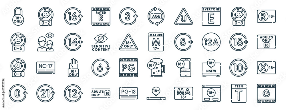 set of 40 outline web age restriction icons such as children age limit ...