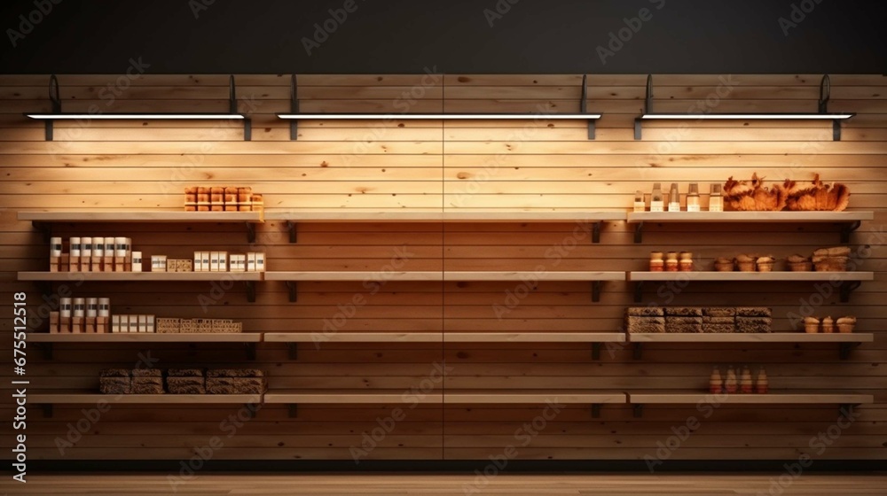 Realistic wooden store shelves with wall mount and lighting, spotlights ...