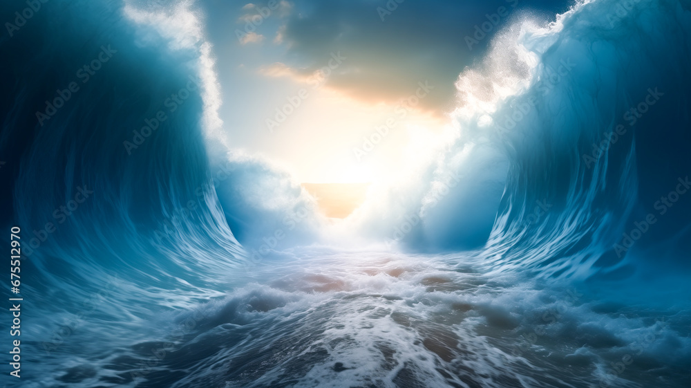 Ocean separate up to form canal. Bible miracle of Moses parting red sea ...