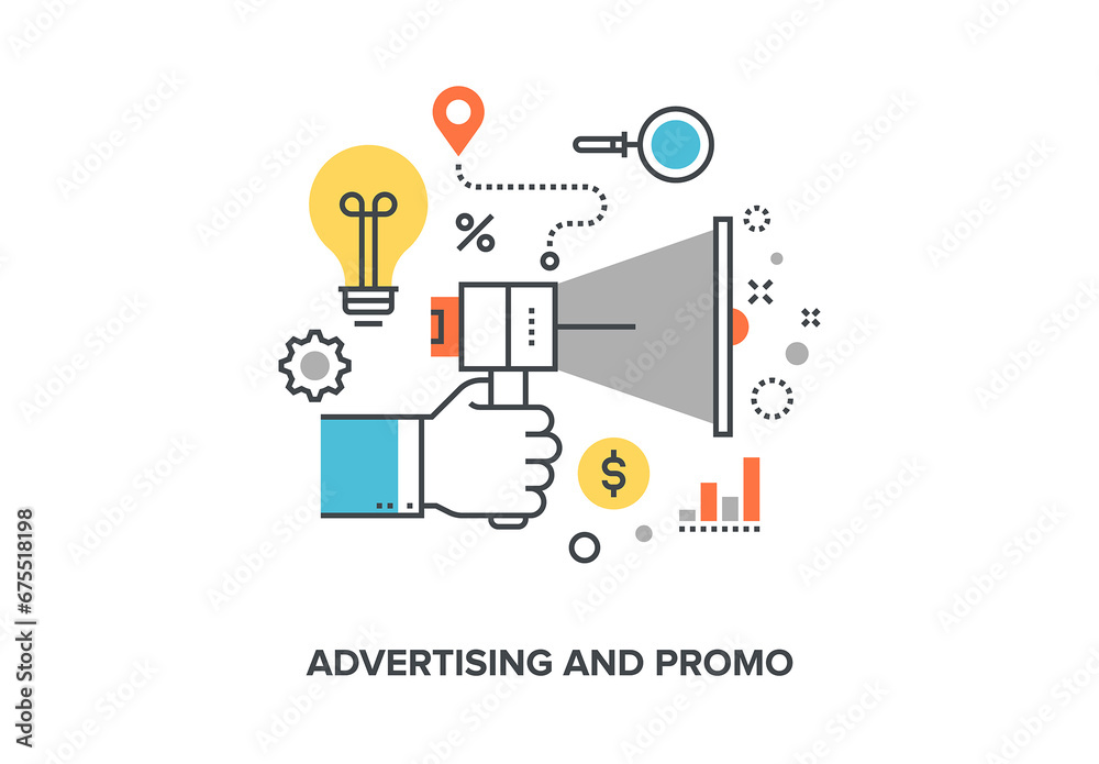 Vector illustration of advertising and promo flat line design concept ...