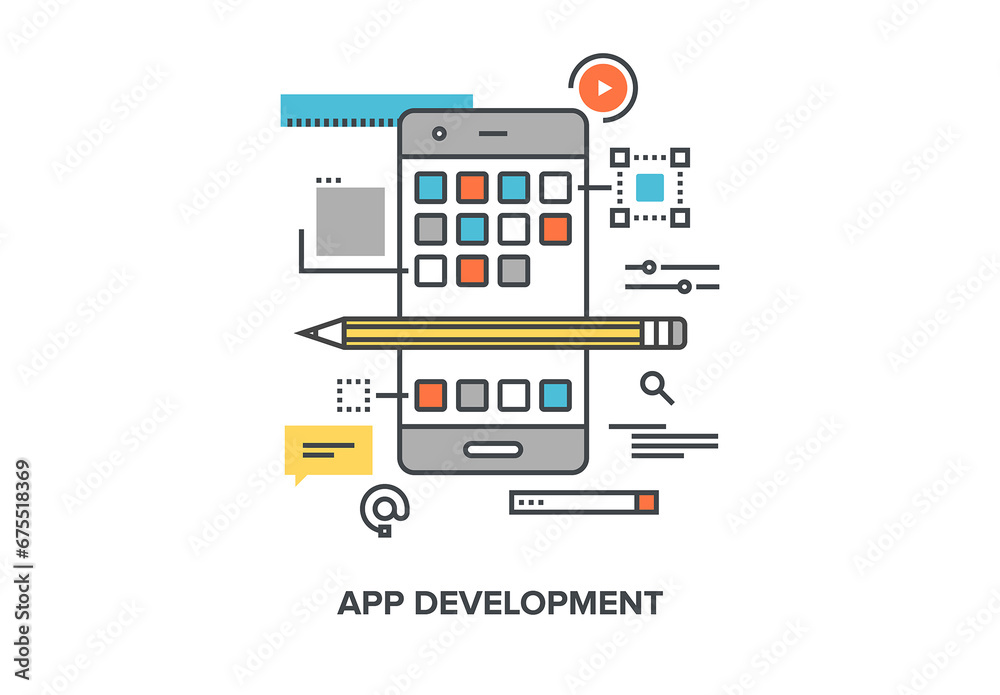 Vector illustration of app development flat line design concept. Stock ...