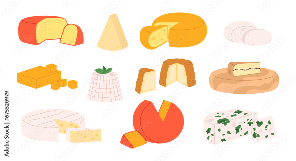 Flat cheese set. Various dairy products, fresh cheese plate for wine ...