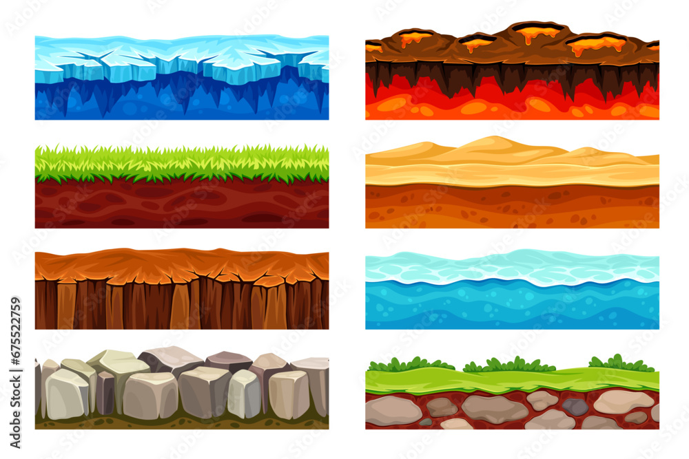 Cartoon ground layers. Game level surface seamless pattern, floor road ...