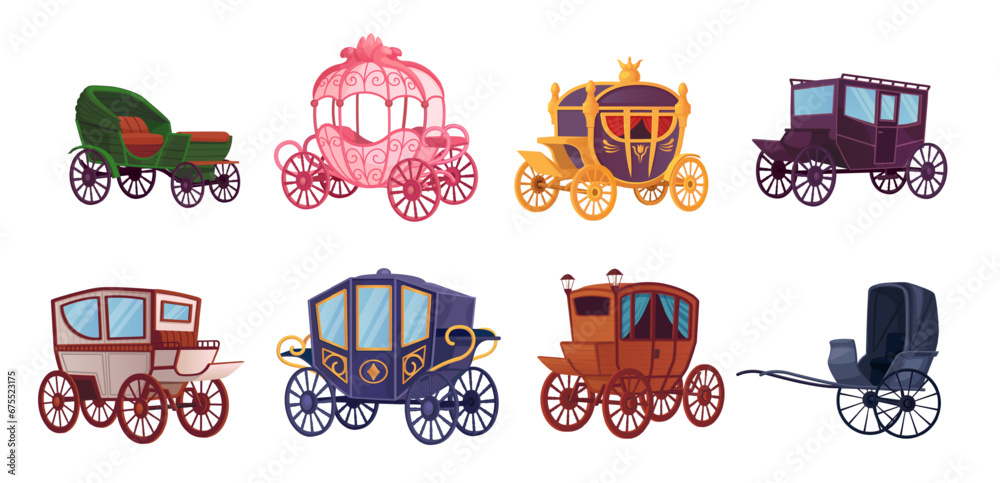 Cartoon vintage carriages. Carriage cargo wagon or royal luxury coaches ...