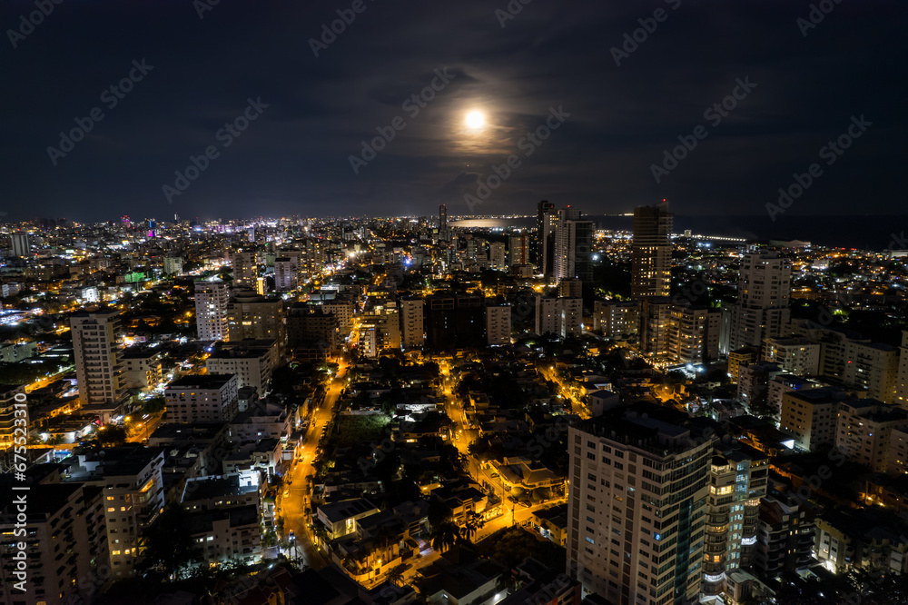 Beautiful aerial Night view of the illuminated city of Santo Domingo ...