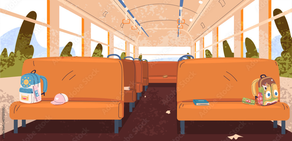 School bus interior. Aisle seat inside empty autobus, public transport ...