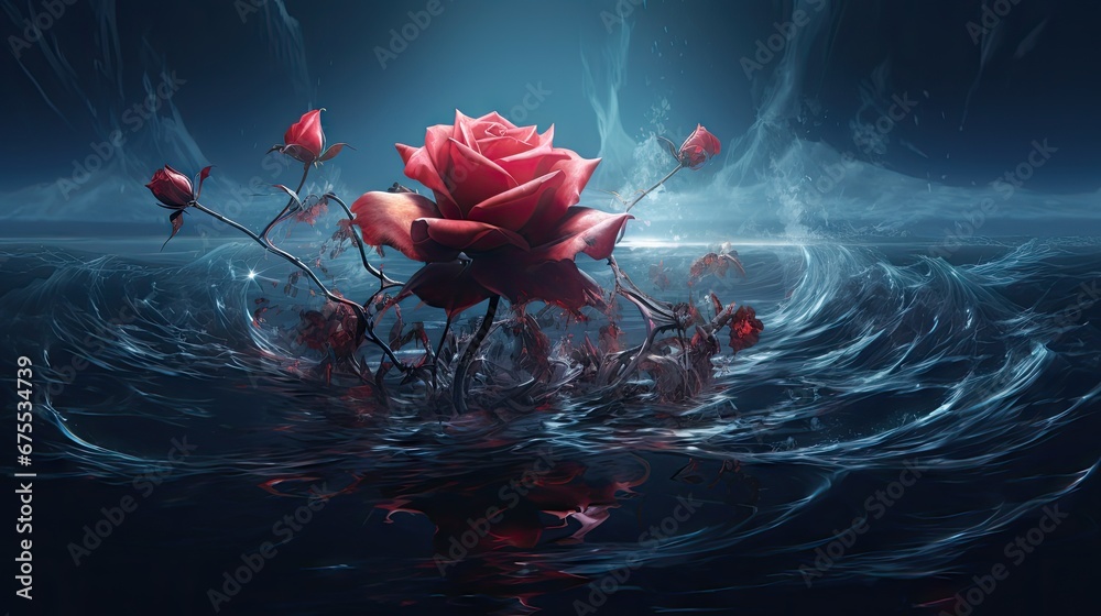 a red rose floating on top of a body of water in the middle of a dark ...