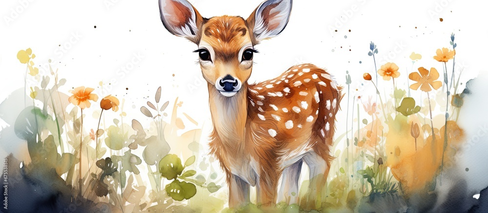 In this adorable watercolor illustration a cute fawn stands gracefully ...