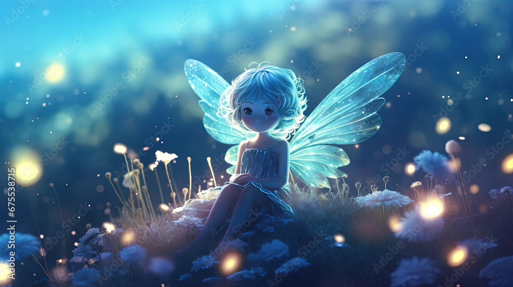 little girl fairy angel sitting on rock with firefly light glow around ...