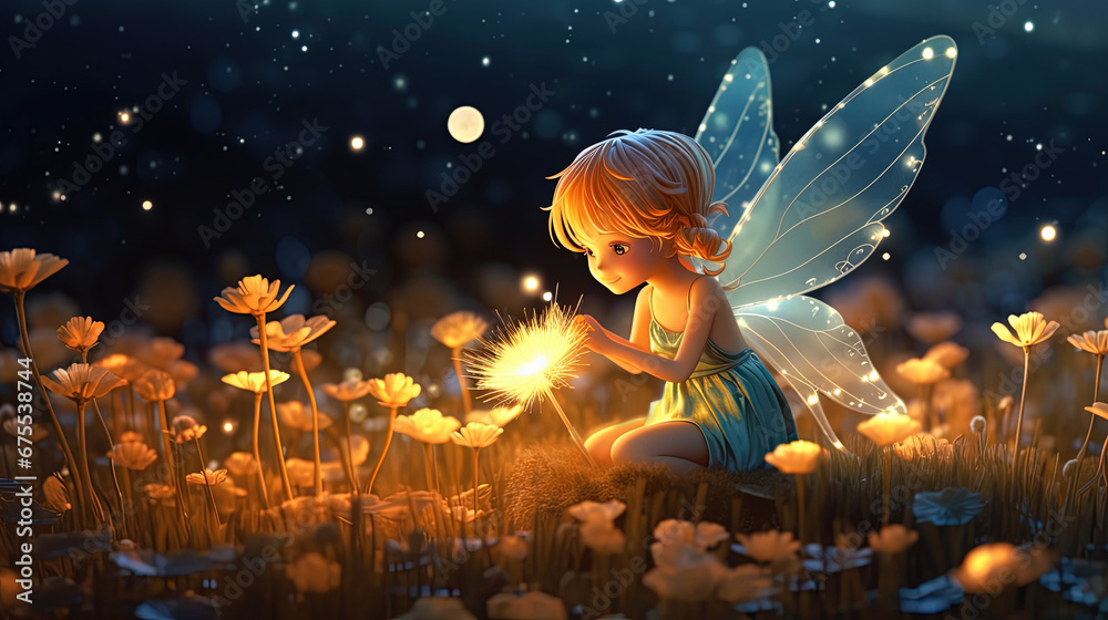 little girl fairy angel sitting on rock with firefly light glow around ...