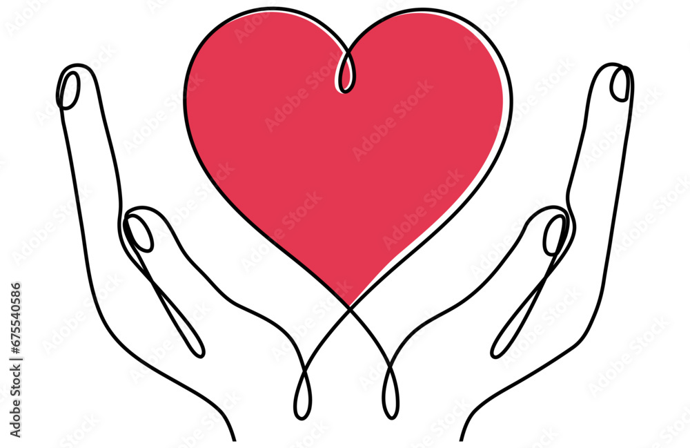 Continuous one line drawing hands holding red heart. Charity donation ...