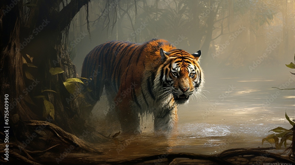 A Sumatran tiger prowling through a misty, mystical mangrove swamp ...