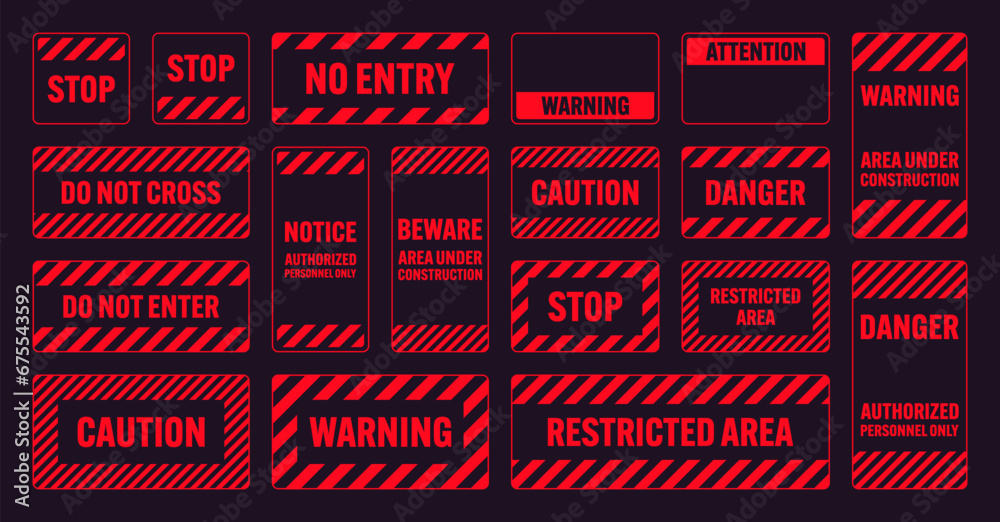 Various red warning signs with diagonal lines. Attention, danger or ...