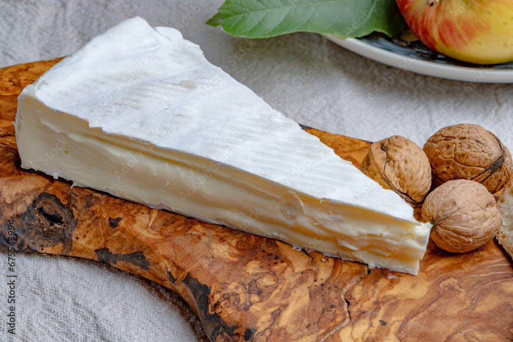 Piece of french soft-ripened white mold cow milk cheese brie produced ...
