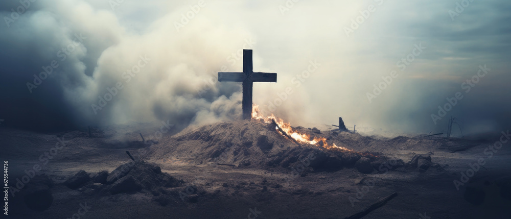 Solitary Cross Amidst Flames. A lone wooden cross stands in a desolate ...