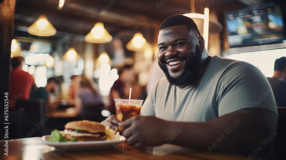 Smiling fat black man eating burger in a restaurant Stock Photo | Adobe ...