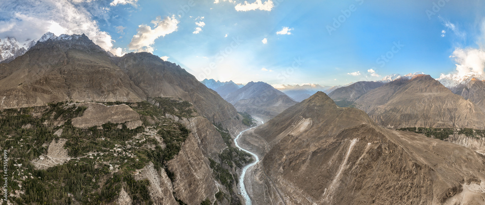 Sunrise at Hunza Valley and Hunza river with azure color , Northern ...