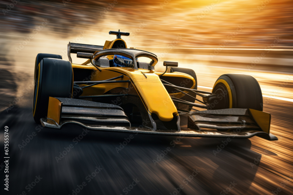 A racing car speeds around the track, with a racer at the wheel. This ...