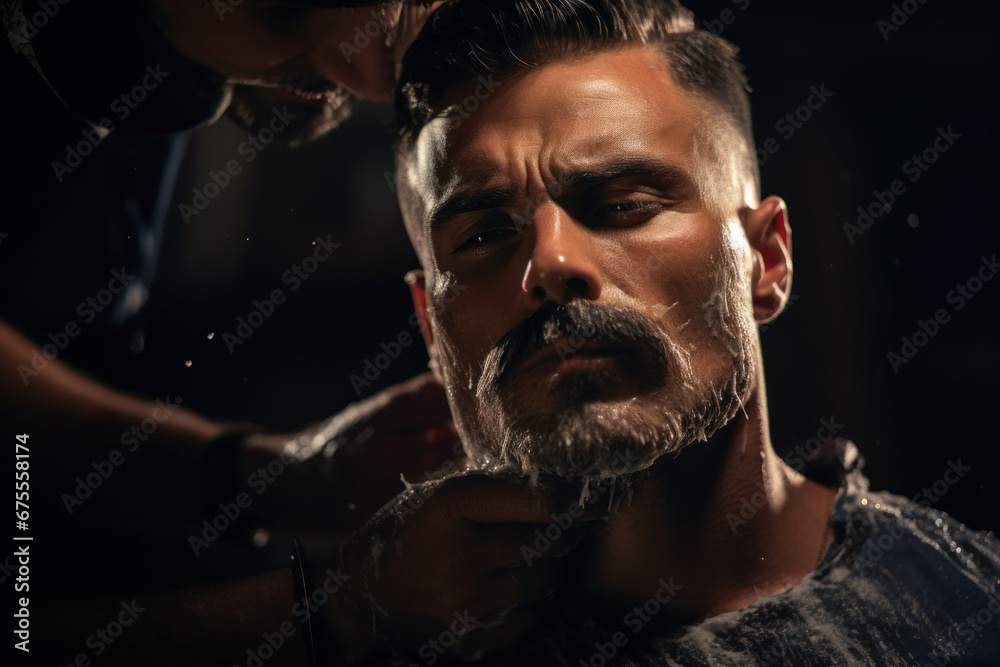 A close-up of a straight razor gliding smoothly over a well-lathered ...