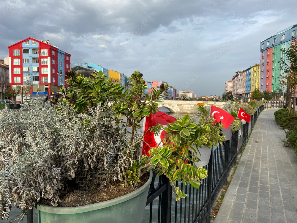 Silivri, Istanbul, Turkey November 6, 2023 Pedestrian bridge view with ...
