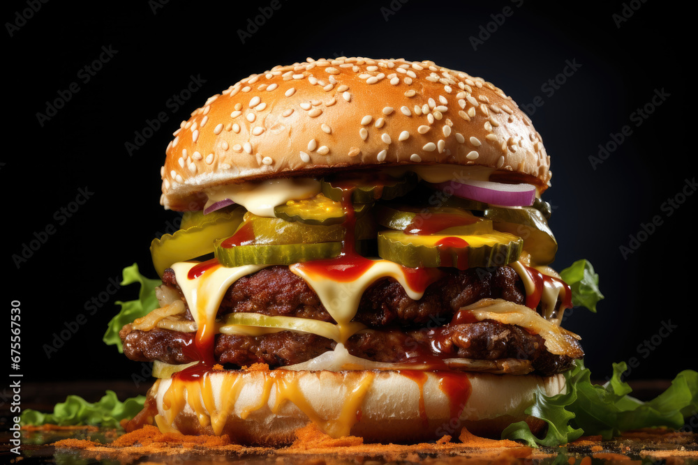 Food photography of an unhealthy burger with greasy and tempting ...